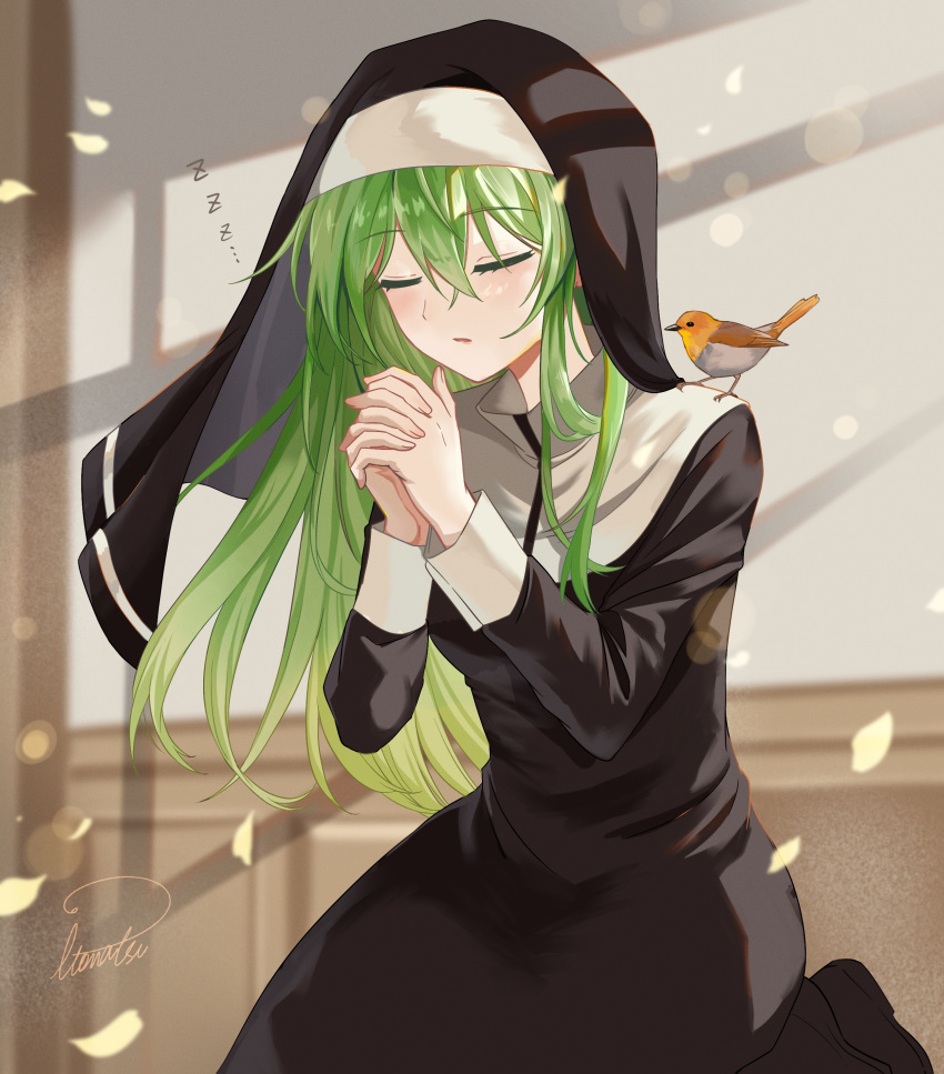 Safebooru - 1girl absurdres animal animal on shoulder artist name bird bird on shoulder black ...