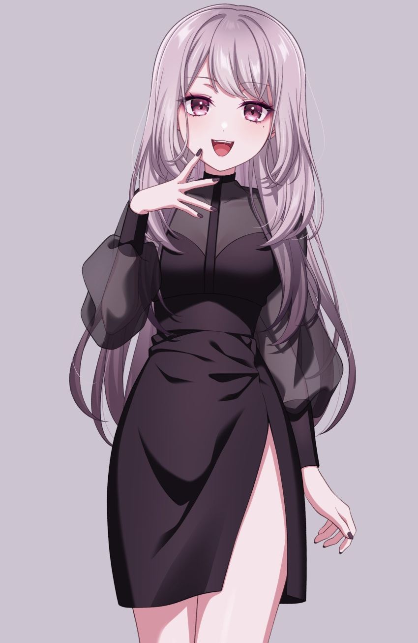 Safebooru - 1girl black dress black nails black skirt breasts dress grey hair hair between eyes ...
