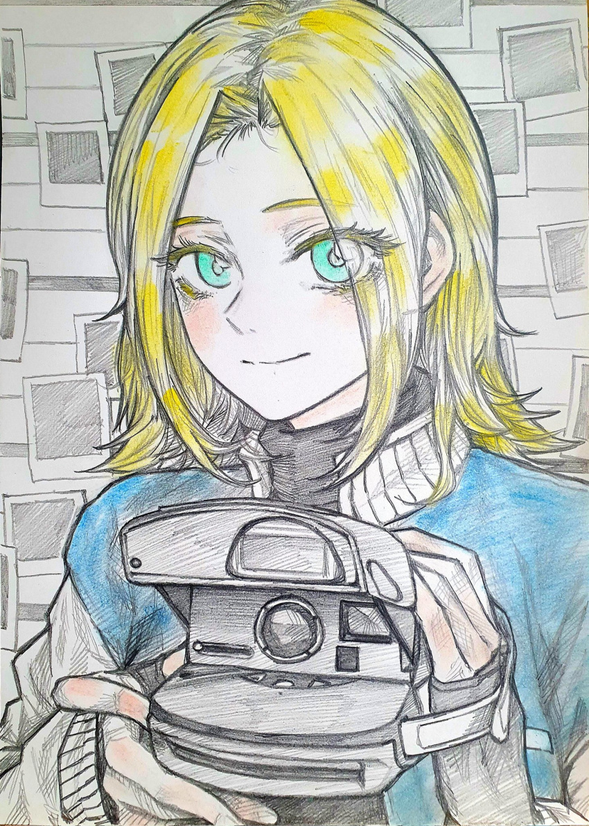 Safebooru - 1girl blonde hair blue jacket camera hair over one eye highres jacket looking at ...