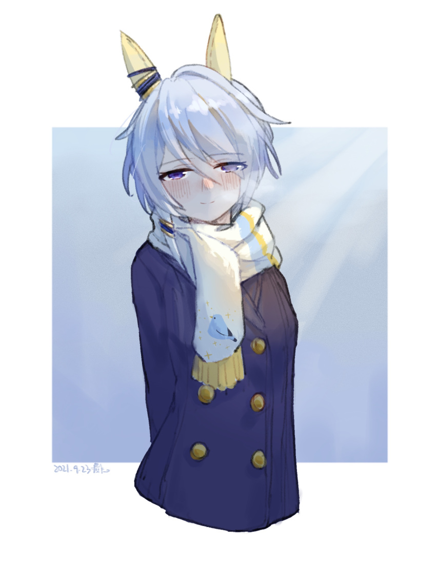 Safebooru - 1girl animal ears arms behind back blue coat blue hair blush breath buttons closed ...