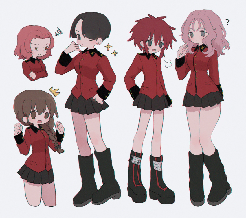 Safebooru - 5girls ? black footwear black skirt boots braid brown eyes brown hair commentary ...