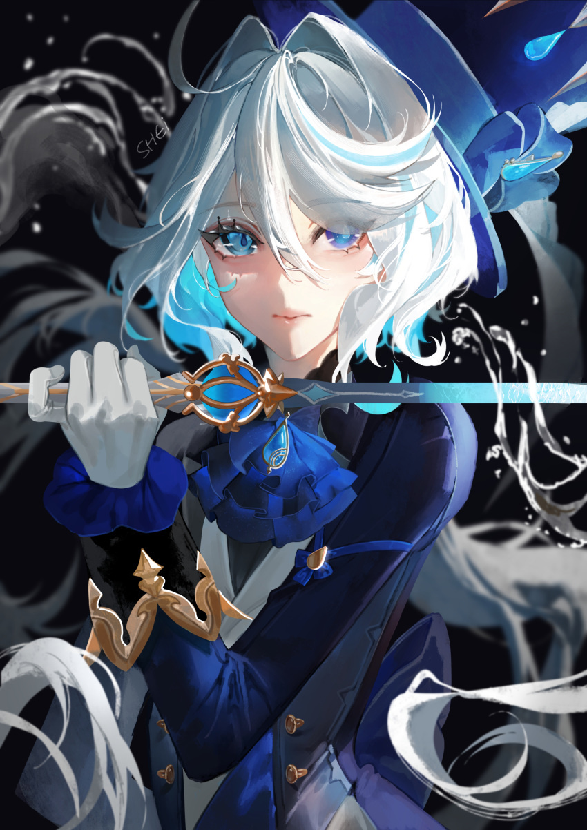 Safebooru - 1girl absurdres artist name ascot asymmetrical gloves black background blue ascot ...