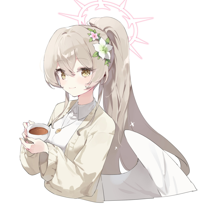 Safebooru - 1girl absurdres angel wings blue archive breasts capelet closed mouth cup flower ...