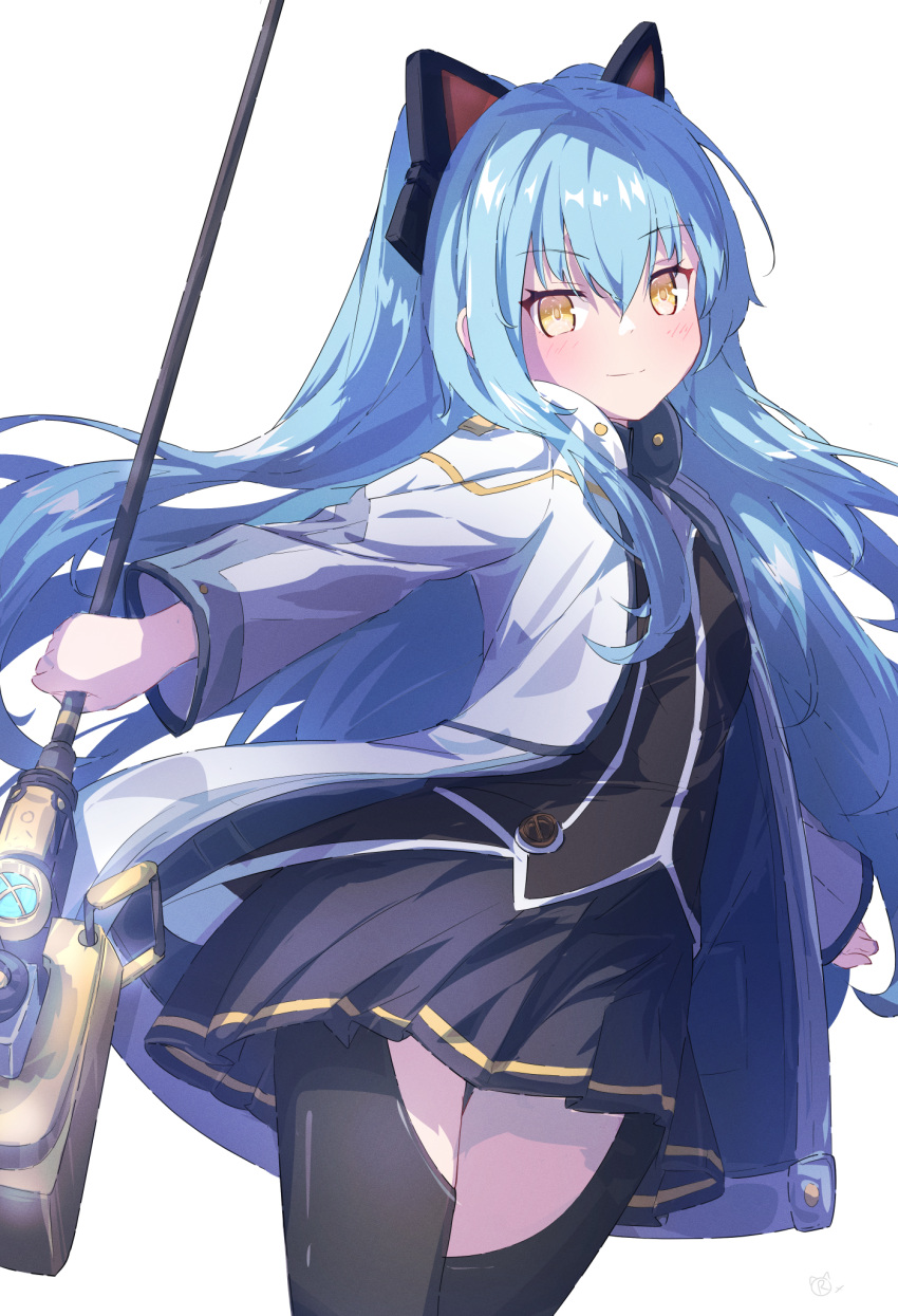 Safebooru - 1girl black socks blue hair blush closed mouth coat cowboy shot eiyuu densetsu grey ...