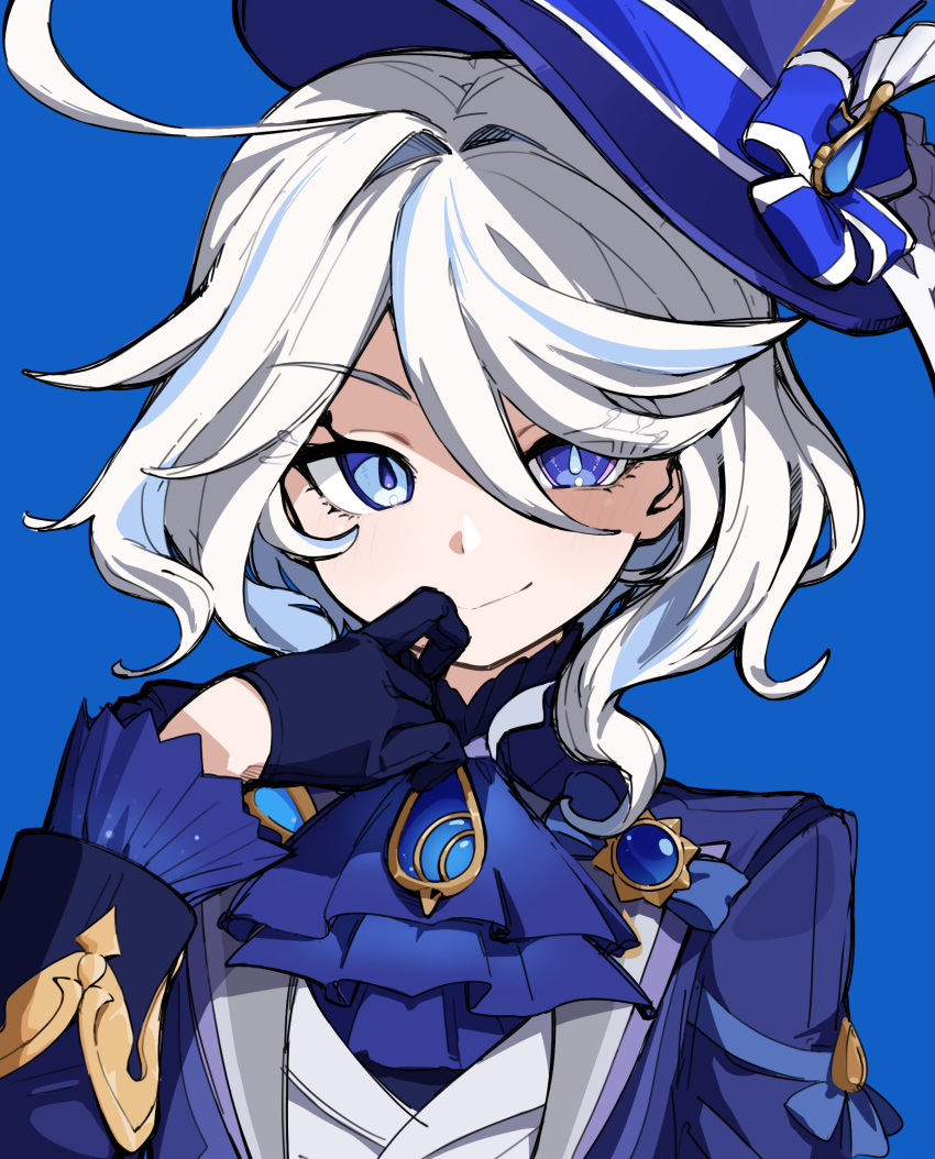 Safebooru - 1girl ascot blue ascot blue background blue eyes blue gloves blue headwear blue ...