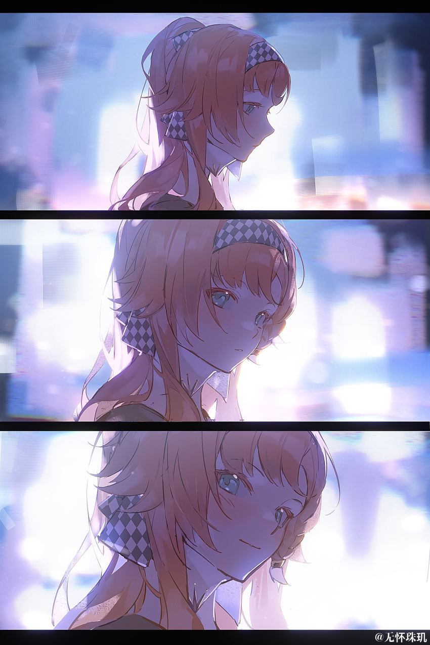 Safebooru - 1girl absurdres blurry blurry background checkered hairband chinese commentary ...