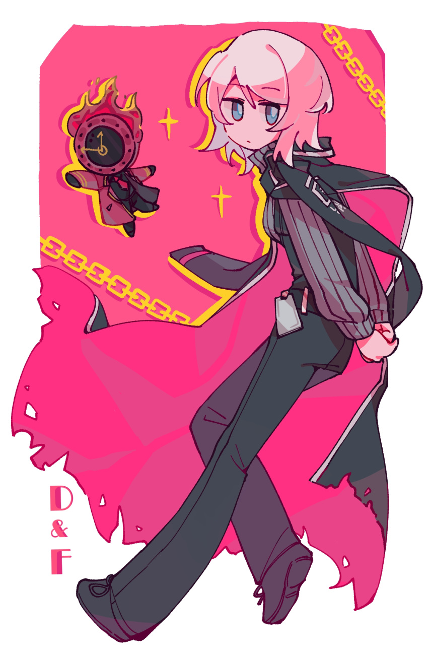 Safebooru - 1girl 1other arms behind back black coat black footwear black pants black vest brown ...