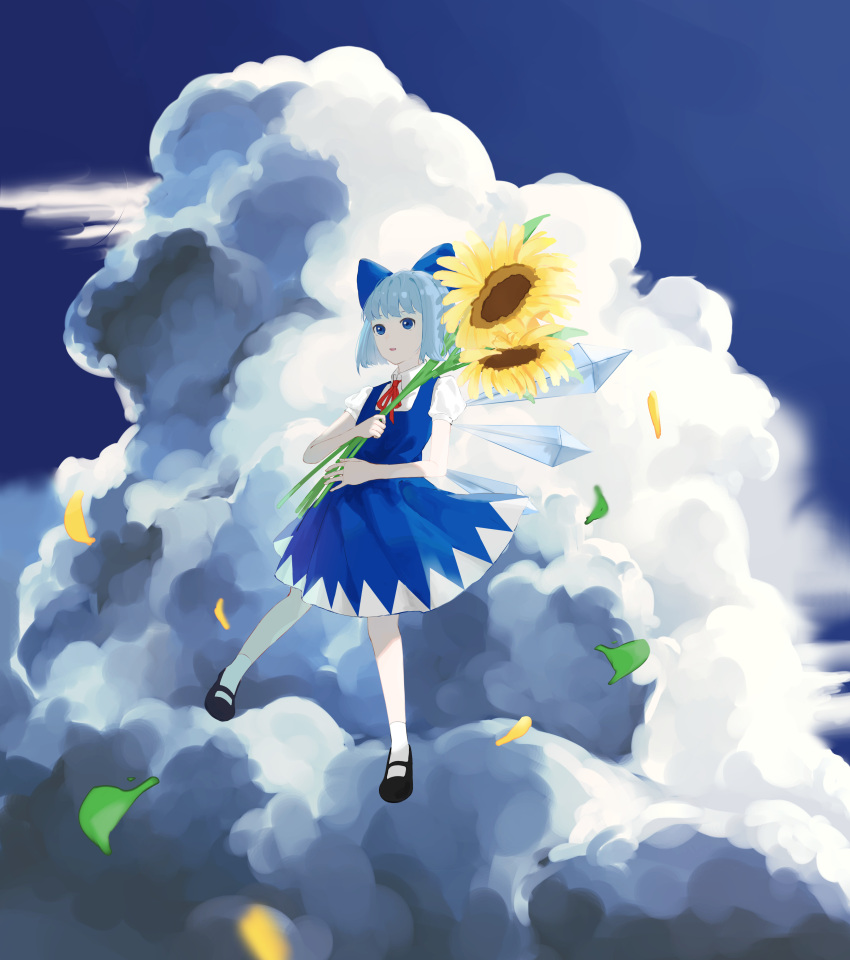 Safebooru - 1girl absurdres blue dress blue eyes blue ribbon blue sky cirno clouds cloudy sky ...