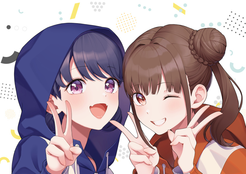 Safebooru - 2girls absurdres black hair blunt bangs brown hair commentary request double bun ...
