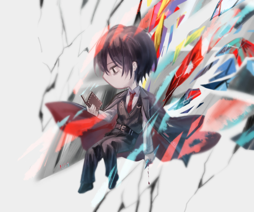 Safebooru - 1boy black coat black pants black vest blood book chibi coat coat on shoulders ...