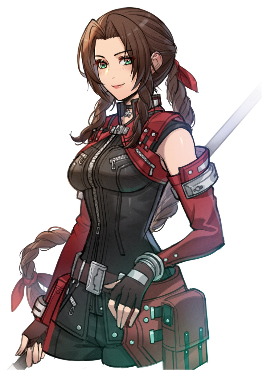 Safebooru - 1girl absurdres aerith gainsborough bangle bare shoulders black bodysuit black ...