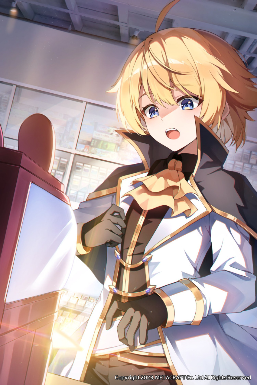 Safebooru - 1girl black cape black gloves black pants blonde hair blue eyes cape character ...