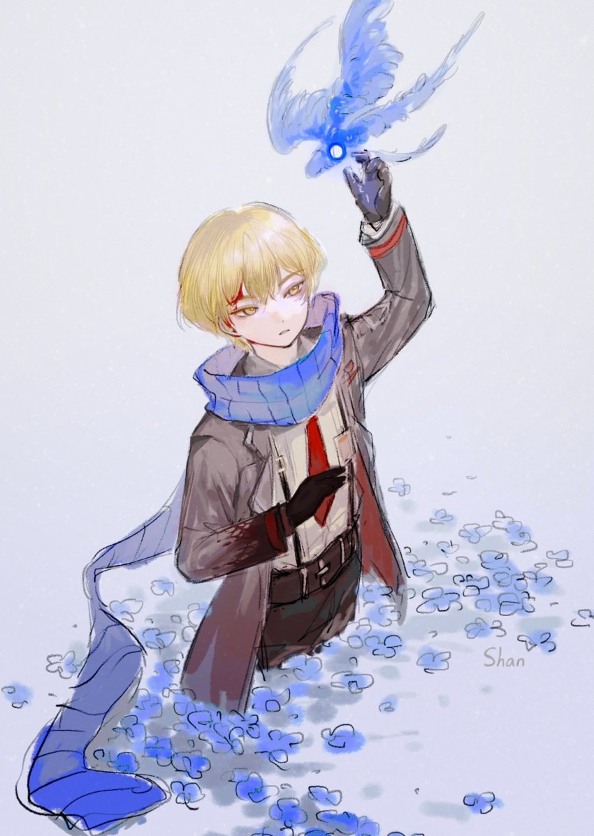 Safebooru - 1boy arm up black coat black gloves black pants blonde hair blue flower blue scarf ...