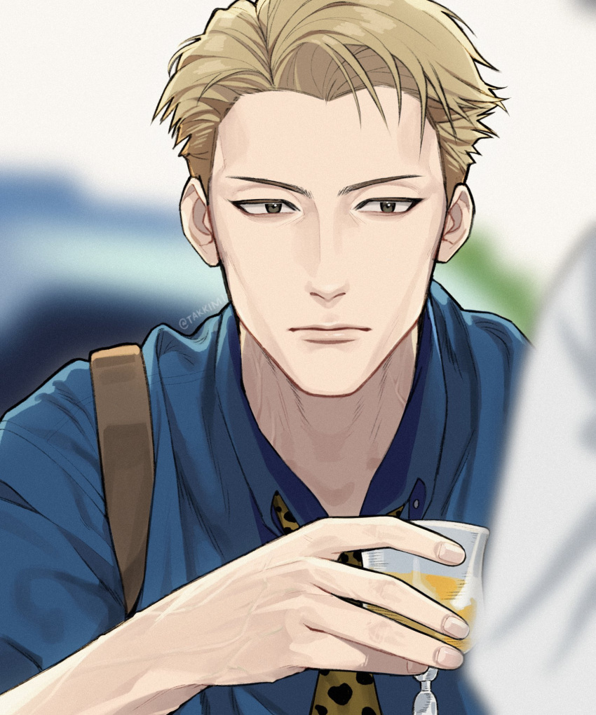 Safebooru - 1boy animal print blonde hair blue shirt brown hair collared shirt cup ...