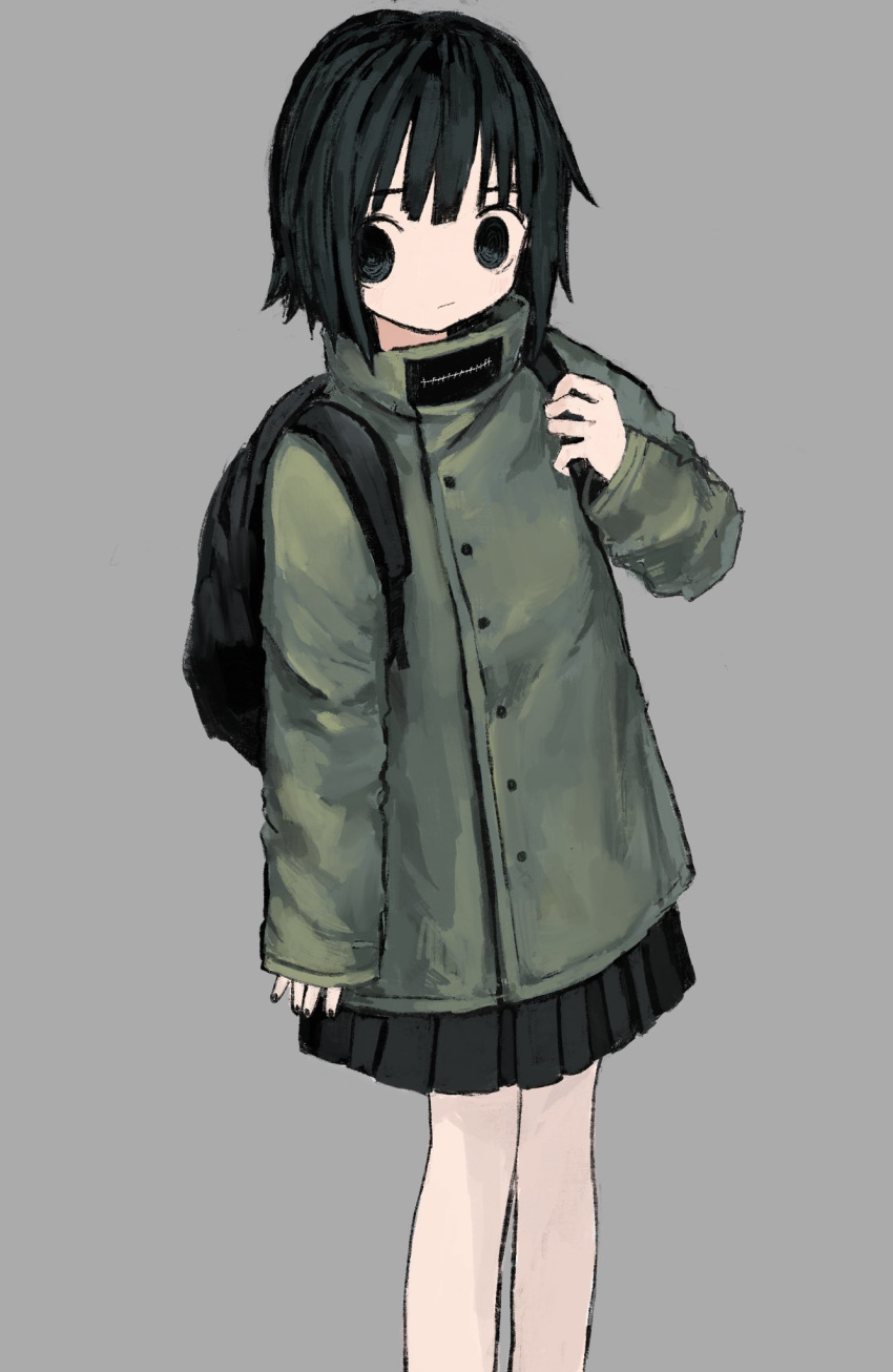 Safebooru - 1girl backpack bag black eyes black hair black skirt closed mouth grey background ...