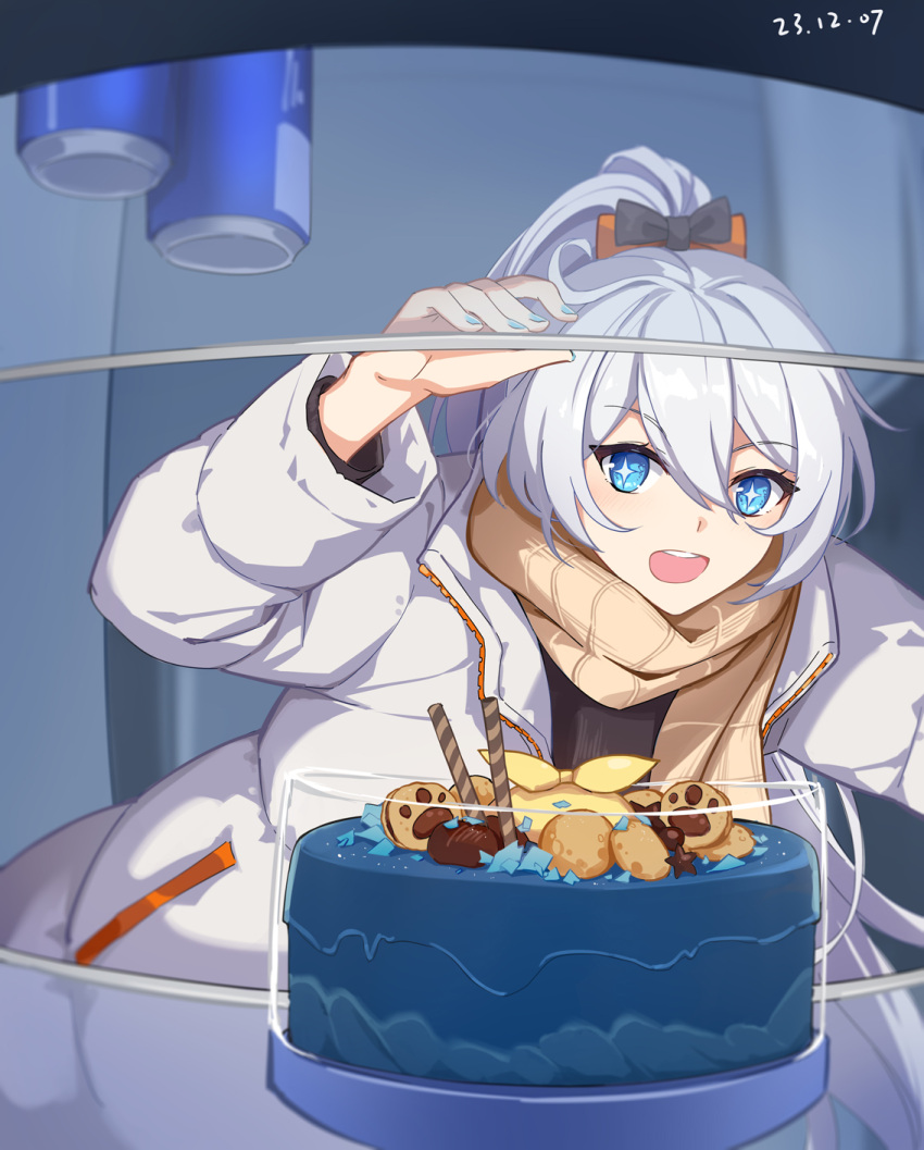 Safebooru - + + 1girl :d black bow blue eyes blue nails bow cake can coat ejieaa food hair bow ...