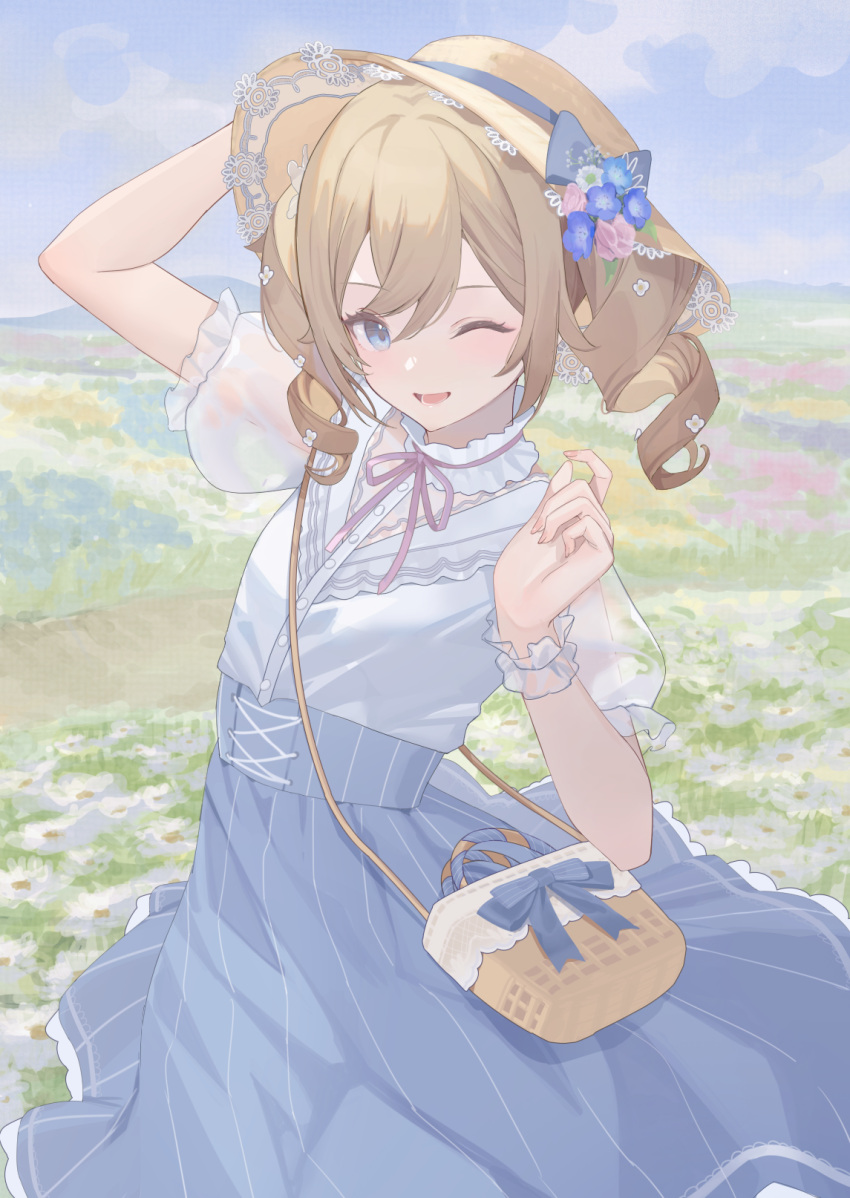 Safebooru - 1girl ;d alternate costume arm up barbara (genshin impact) blonde hair blue bow blue ...