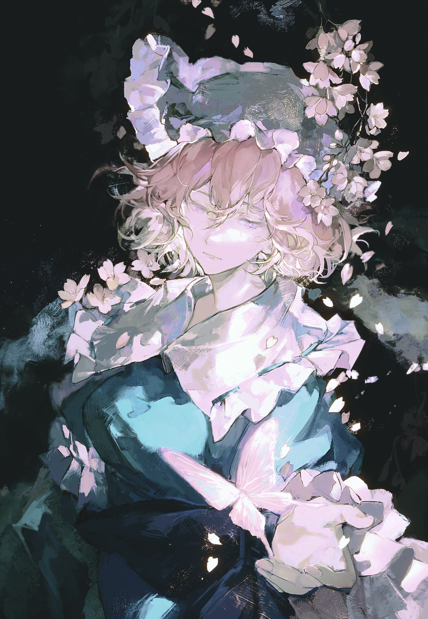 Safebooru - 1girl absurdres blue headwear blue kimono bug butterfly cherry blossoms closed mouth ...