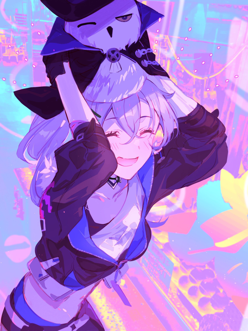 Safebooru - 1girl ^ ^ absurdres animal bird black gloves black jacket black shorts closed eyes ...