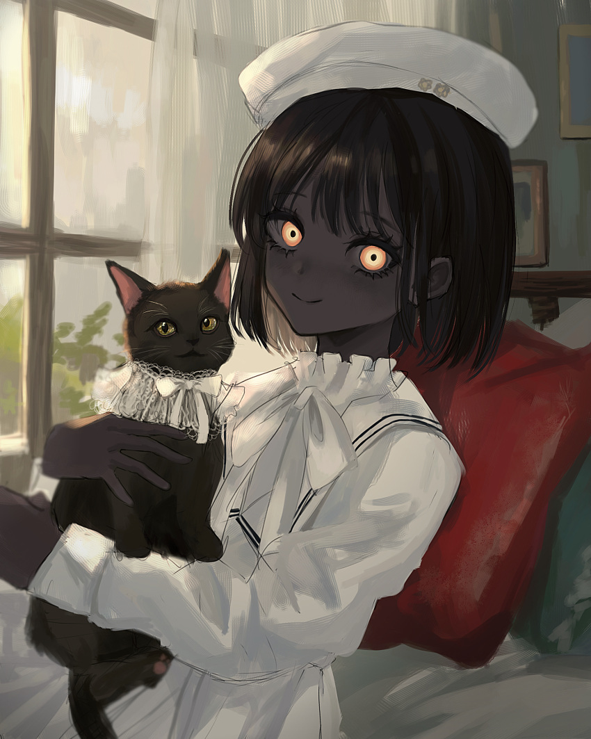 Safebooru - 1girl akai ringo (eveyuno) animal black hair cat dark ...