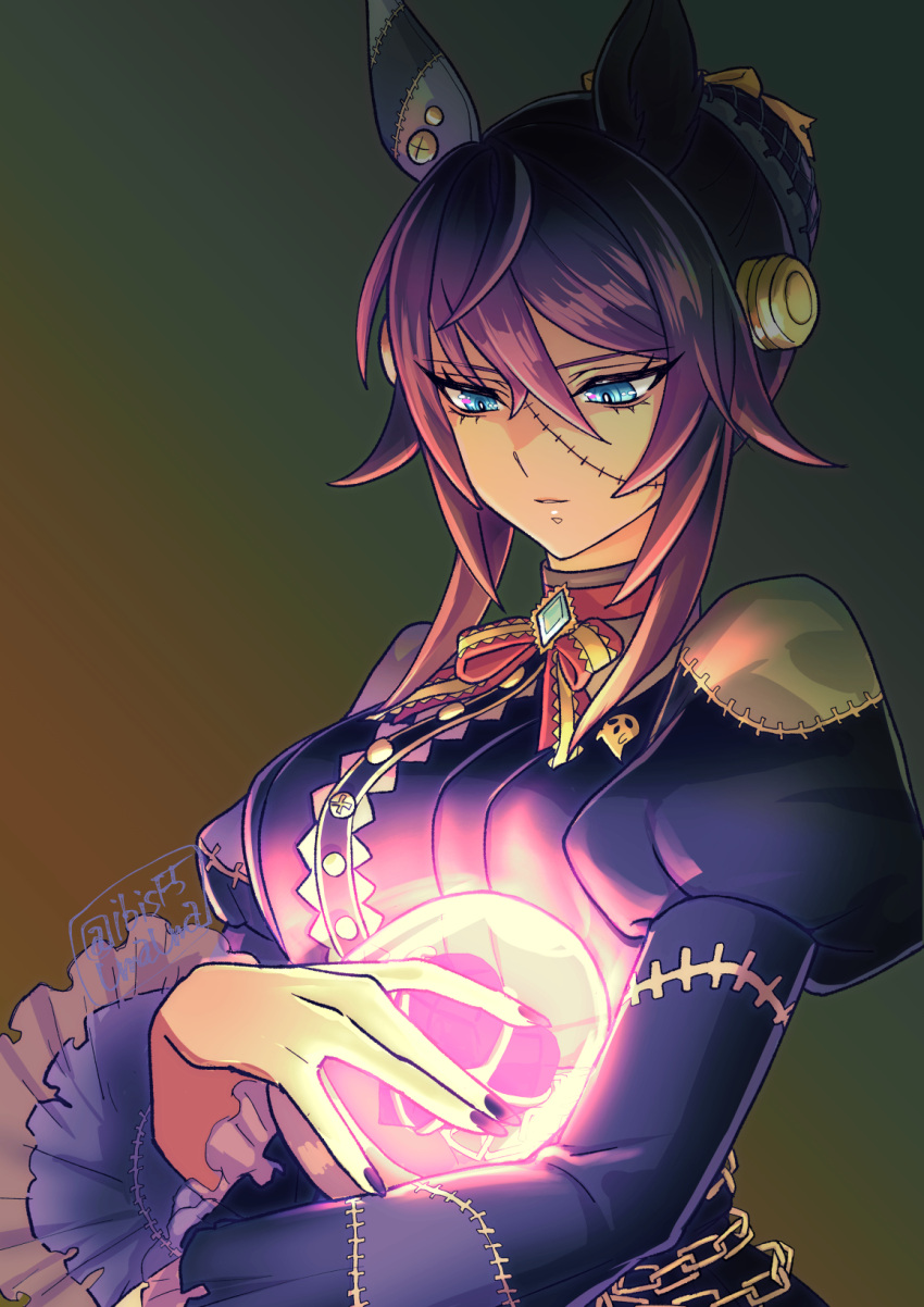 Safebooru - 1girl animal ears aqua eyes black dress bow bowtie breasts brown hair chain dark ...