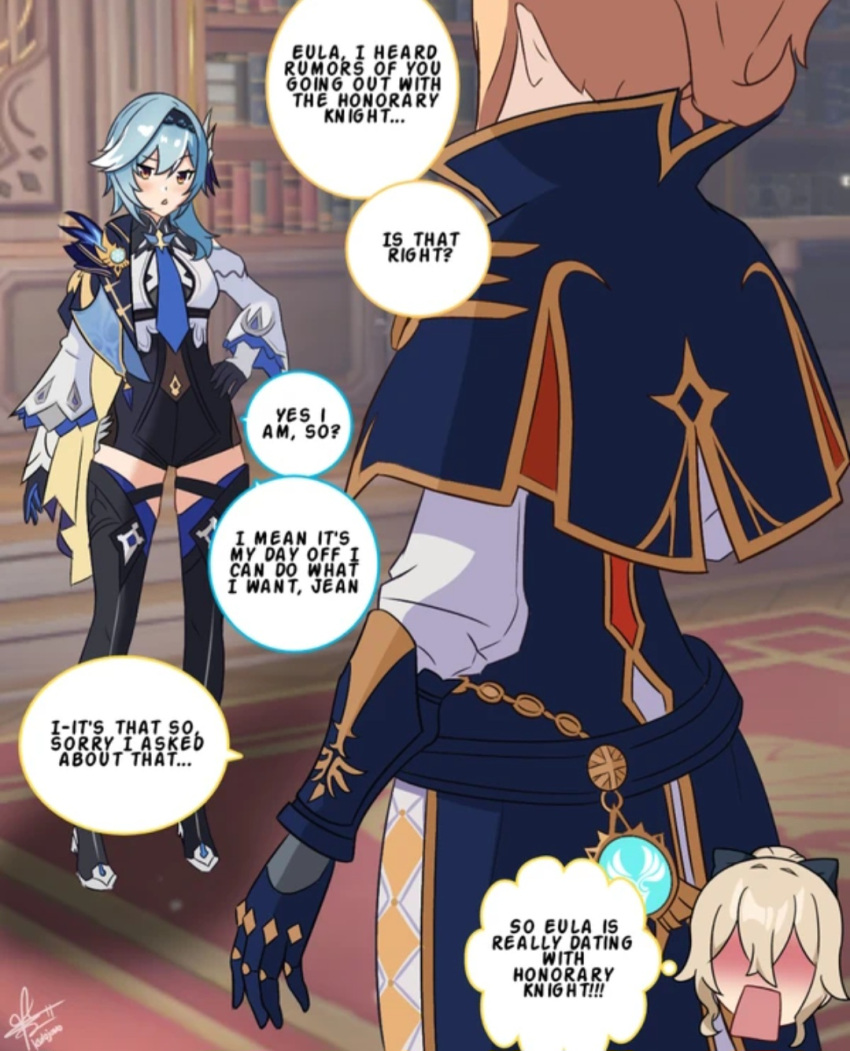 Safebooru - 2girls blonde hair blue hair blush bookshelf brown eyes english text eula (genshin ...