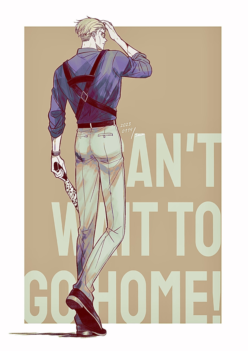 Safebooru - 1boy belt black belt black footwear blonde hair blue shirt border brown background ...