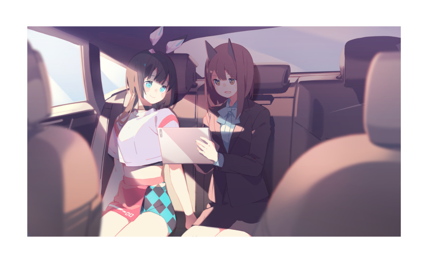 Safebooru - 2girls absurdres black hair blue eyes blurry blurry foreground brown eyes brown hair ...