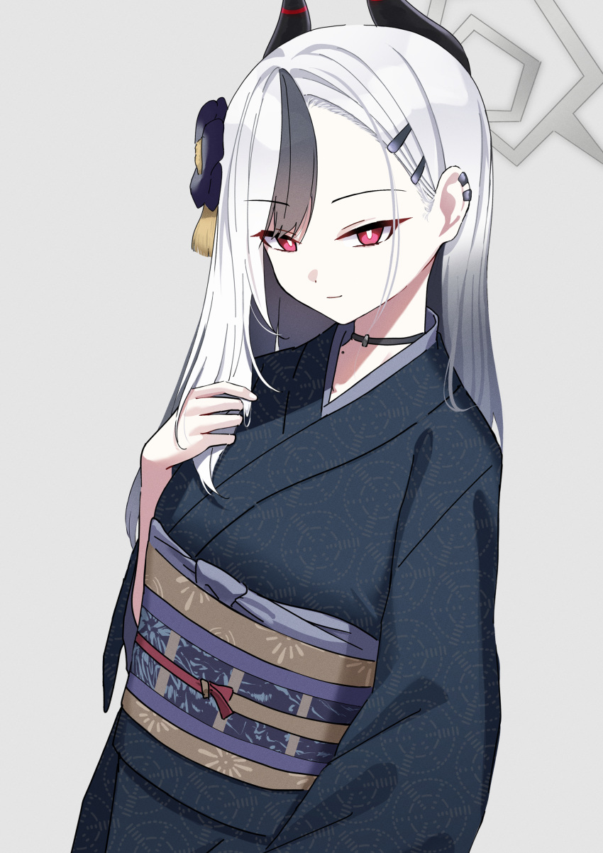 Safebooru - 1girl absurdres black choker black hair black horns black kimono blue archive bright ...