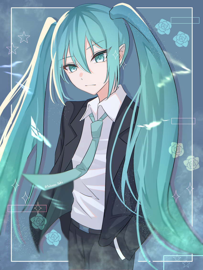 Safebooru - 1girl absurdres aqua eyes aqua hair aqua necktie black jacket black pants closed ...