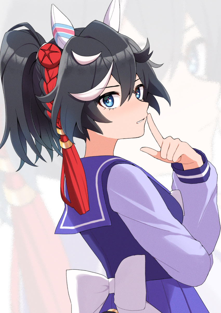 Safebooru - 1girl animal ears back bow black hair blue eyes bow commentary request ear covers ...