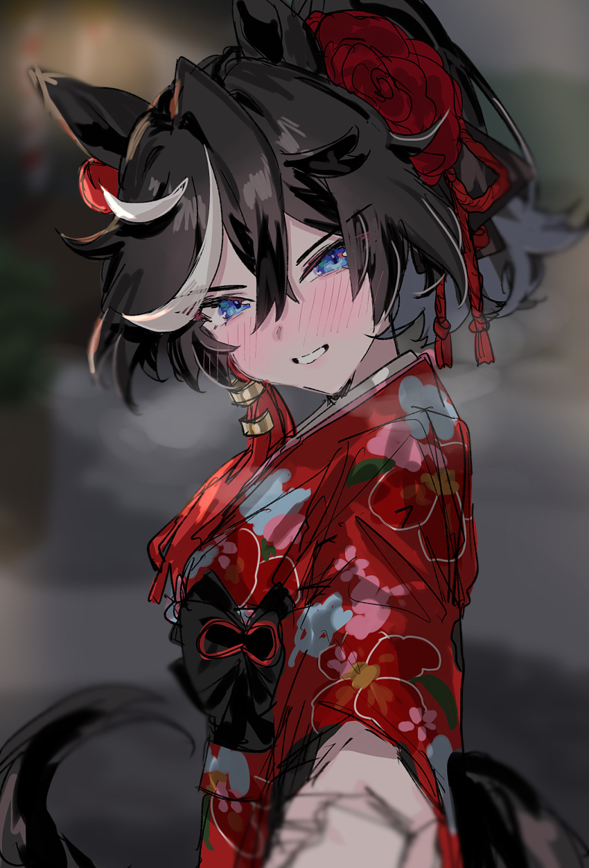 Safebooru - 1girl alternate costume animal ears black hair blue eyes blurry blurry background ...