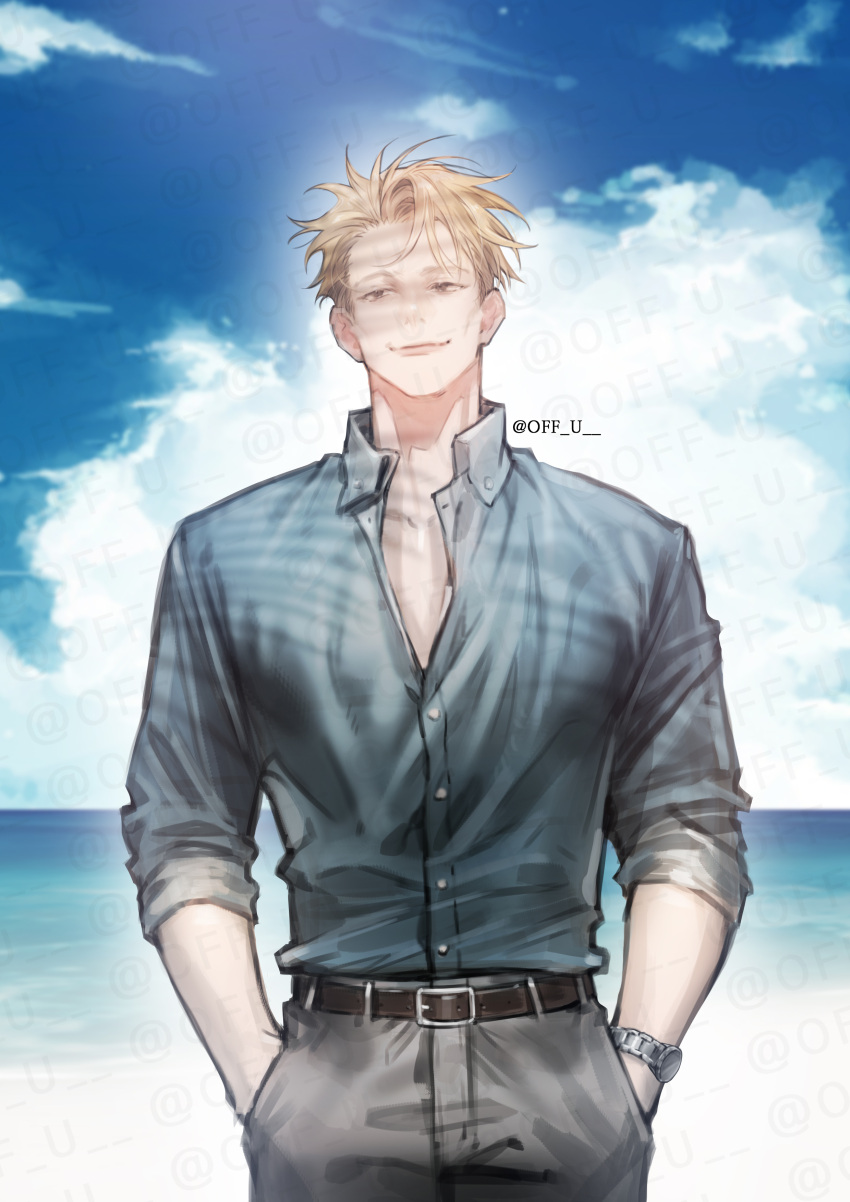 Safebooru - 1boy absurdres beach belt black belt blonde hair blue shirt blue sky brown belt ...