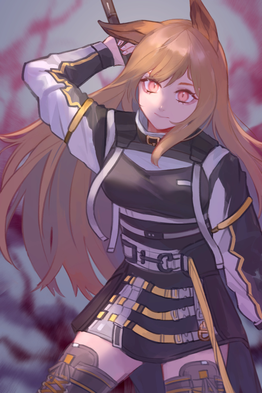 Safebooru - 1girl absurdres animal ears arknights arm up black coat breasts brown hair brown ...