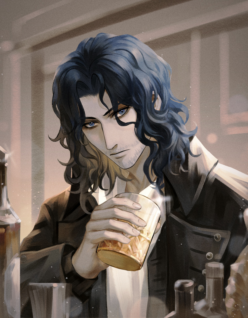 Safebooru - 1boy absurdres alcohol alger wilson black jacket blue eyes blue hair blurry blurry ...