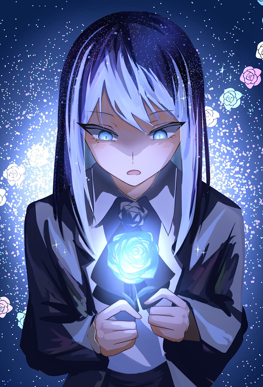 Safebooru - 1girl absurdres ado (utaite) black bow black bowtie black coat blue eyes blue flower ...