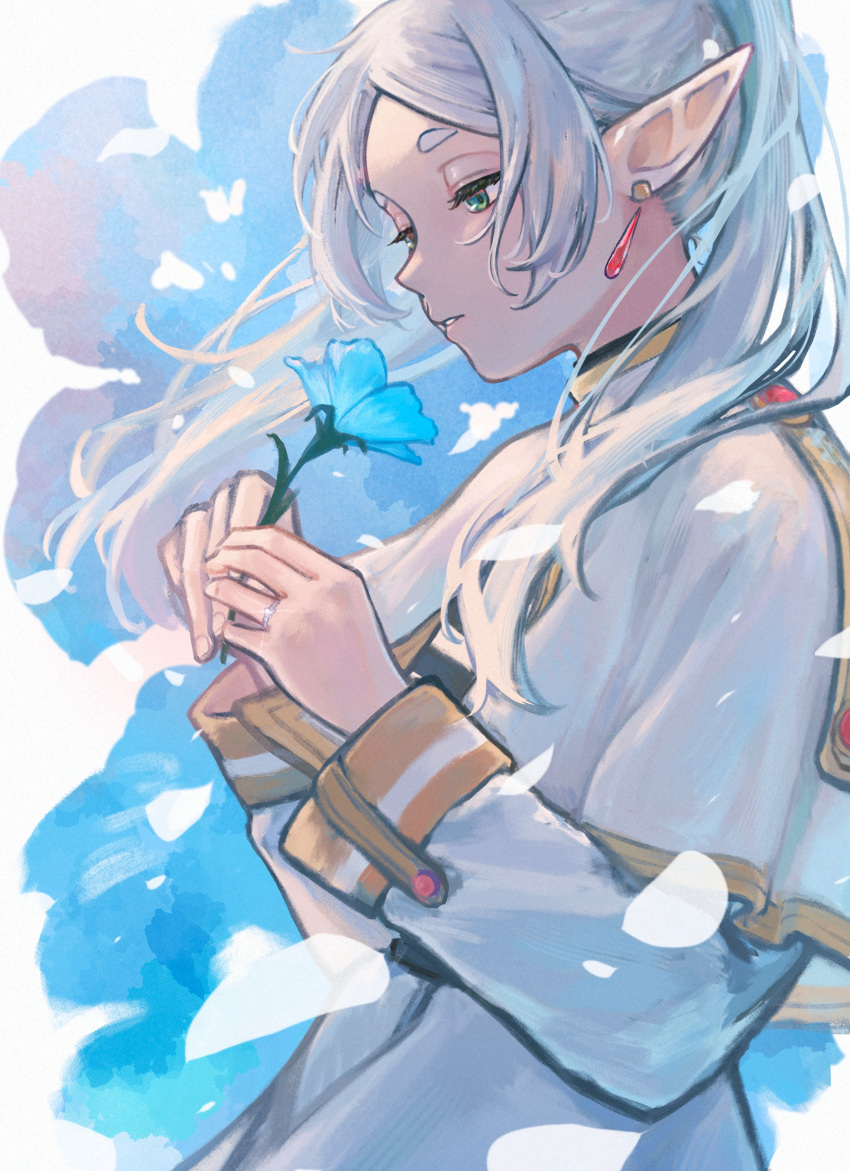 Safebooru - 1girl absurdres blue flower capelet commentary request dress earrings elf floating ...