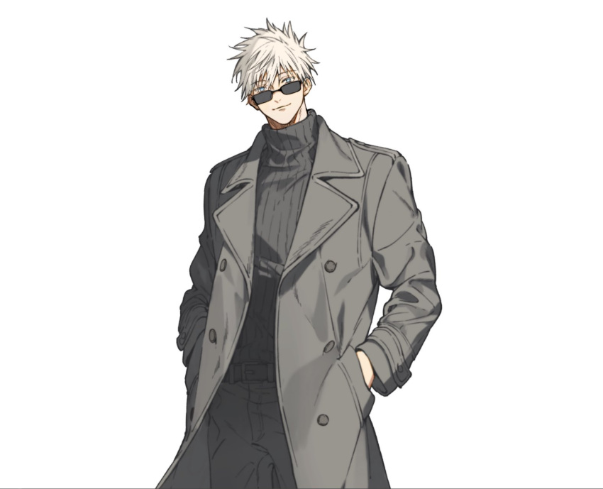 Safebooru - 1boy black coat blue eyes coat cowboy shot gojou satoru hands in pockets highres ...