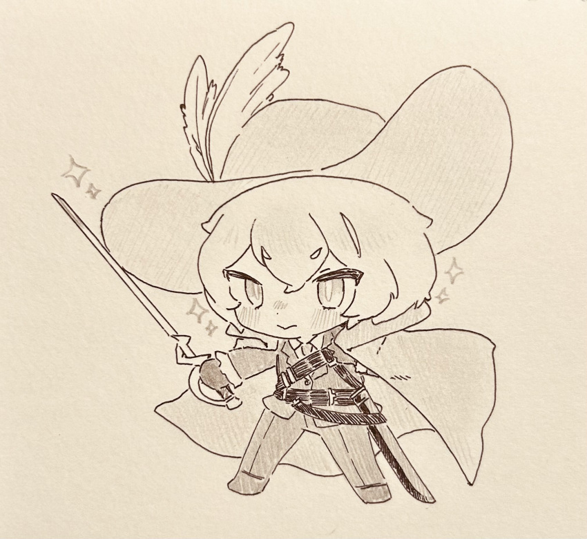 Safebooru - 1boy chibi full body gloves graphite (medium) greyscale hat ...