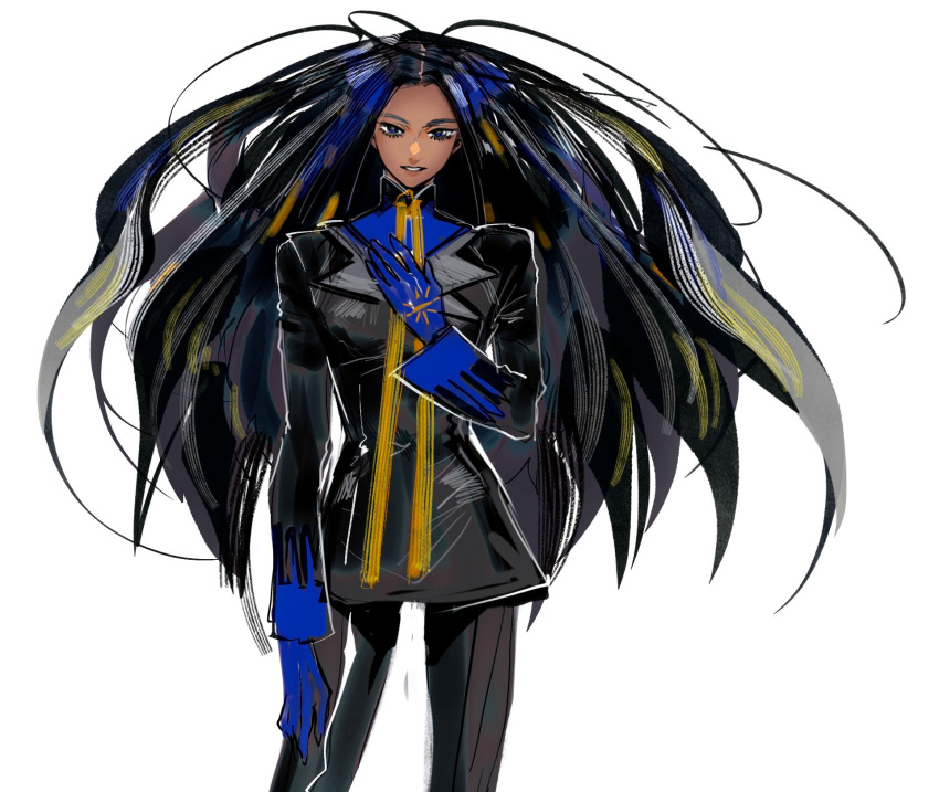 Safebooru - 1girl black hair black jacket black pants blue eyes blue gloves dark-skinned female ...