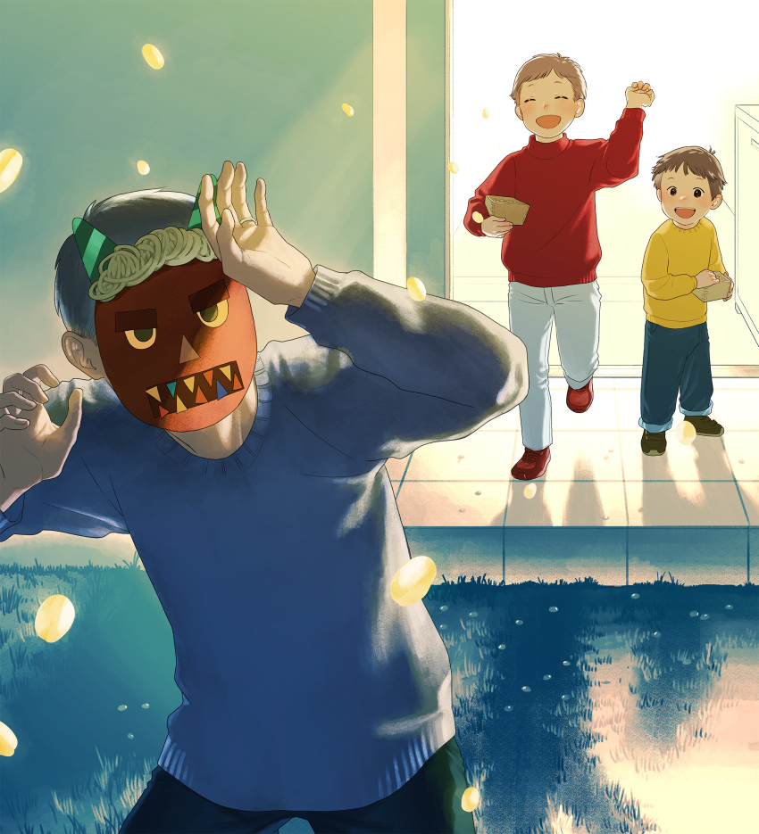 Safebooru - 1girl 2boys blue pants brown hair child green hair grey ...