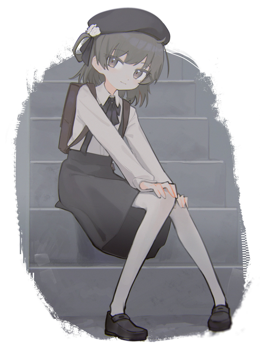 Safebooru - 1girl absurdres backpack bag beret black footwear black headwear black ribbon black ...