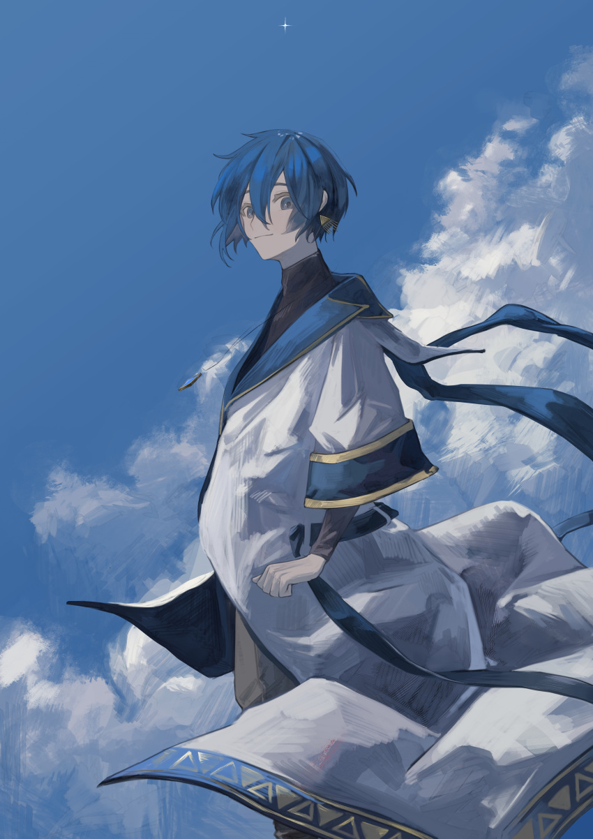 Safebooru - 1boy absurdres black shirt blue hair blue sky brown pants closed mouth clouds dark ...