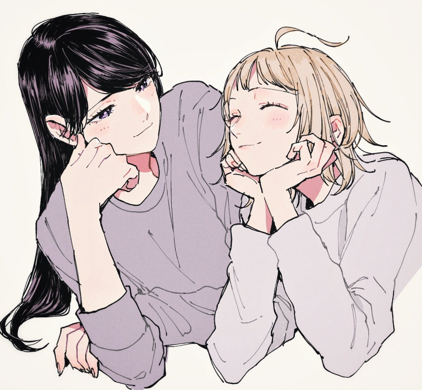 Safebooru - 2dk g pen mezamashidokei 2girls :3 ^ ^ ahoge black hair closed eyes cropped torso ...