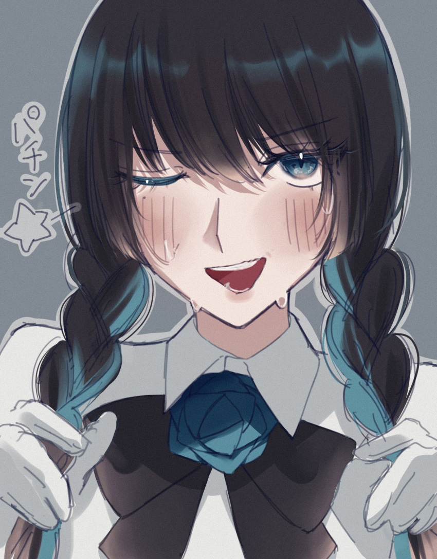 Safebooru - 1girl ado (utaite) alternate hairstyle black bow black bowtie black hair blue eyes ...