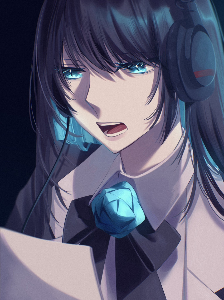 Safebooru - 1girl ado (utaite) black bow black bowtie black hair blue background blue eyes blue ...