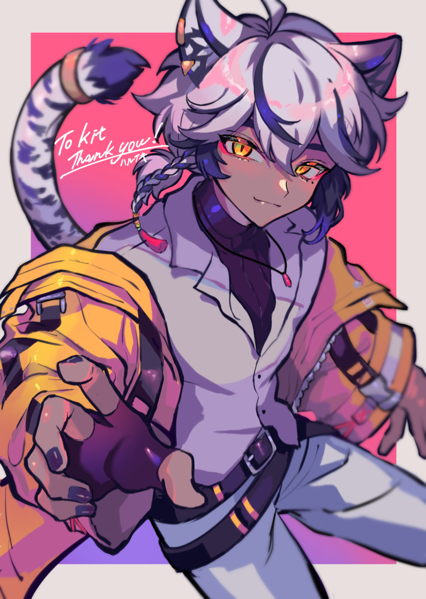 Safebooru - 1boy animal ears belt black gloves black nails black shirt blue hair blurry blurry ...