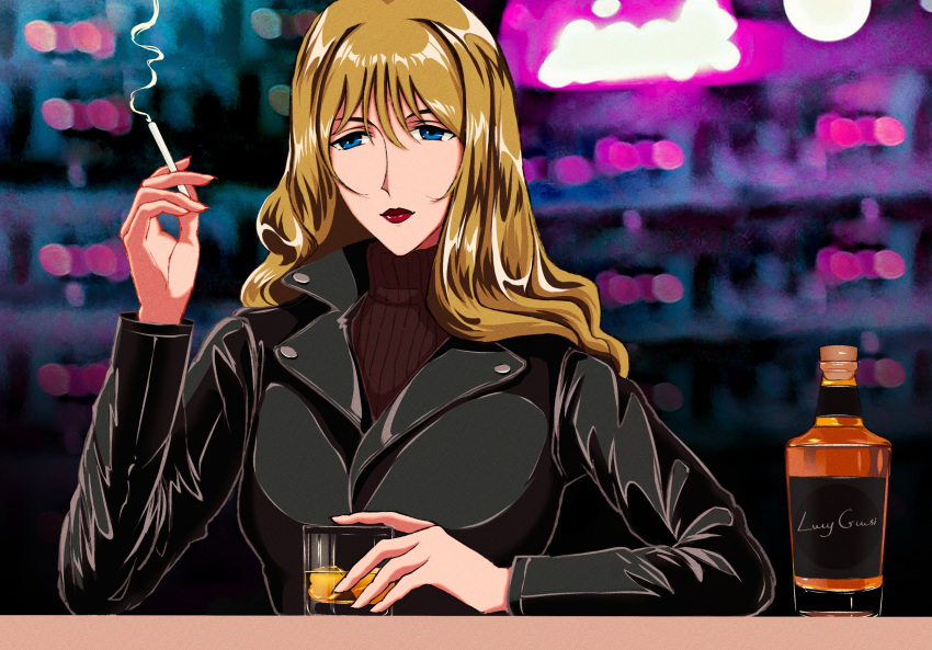 Safebooru - absurdres alcohol blonde hair blue eyes cigarette coat cowboy bebop curly hair ...