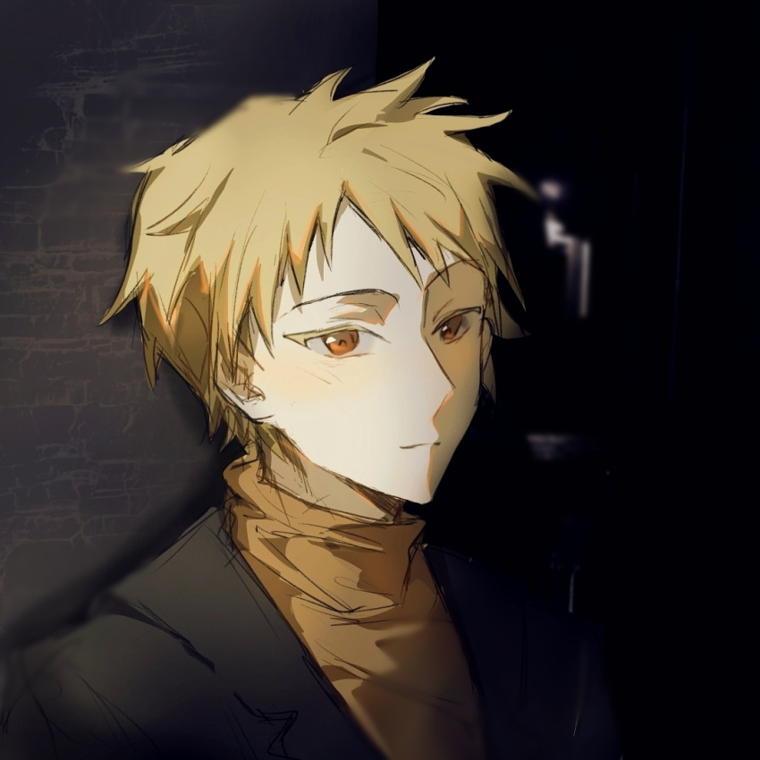 Safebooru - 1boy atou haruki black jacket blonde hair brown hair brown sweater closed mouth ...