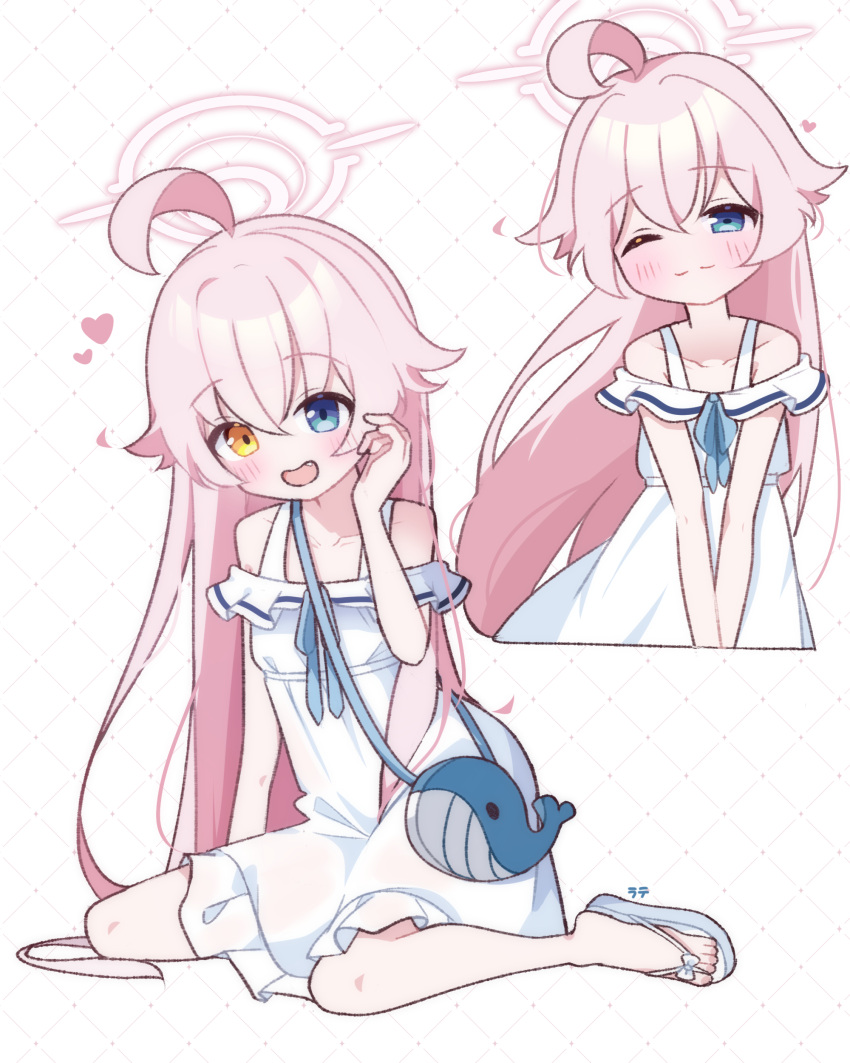 Safebooru - 1girl absurdres ahoge bag blue archive blue eyes blush closed mouth dress fang hair ...